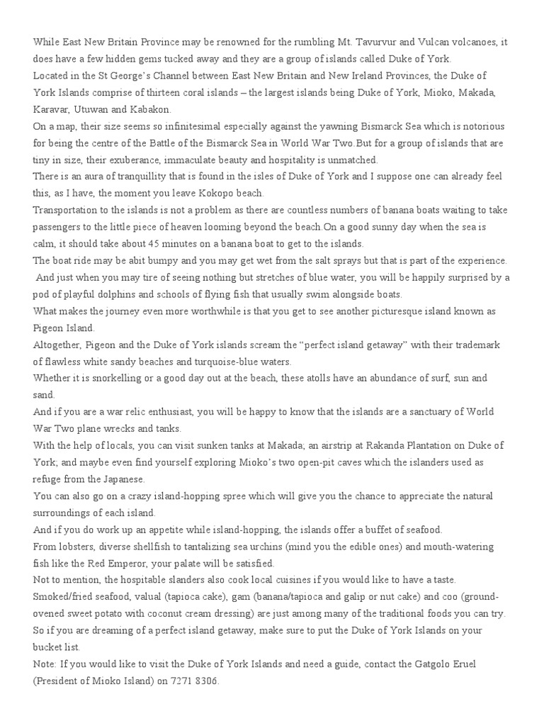 Duke of York Article Whilst at Rabaul Kokopo | PDF | Foods | Food And Drink