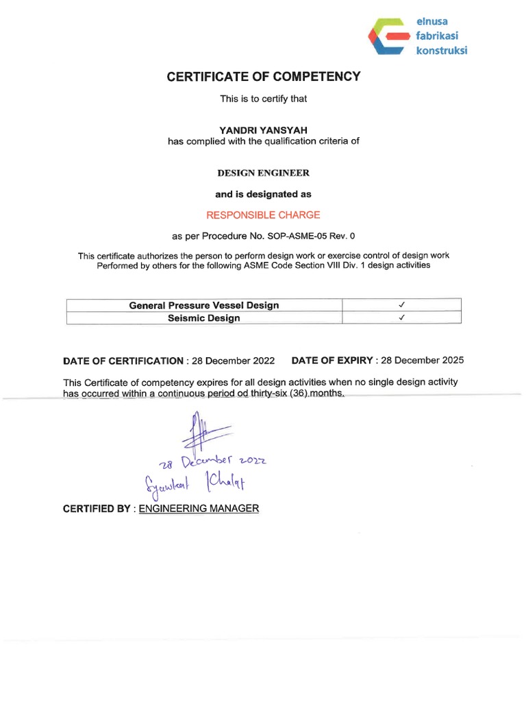 Certificate of Competency Design Engineer | PDF