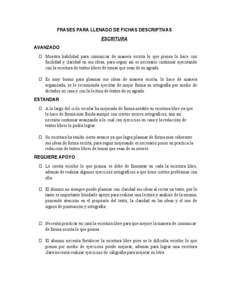 Frases para Llenado de Fichas Descriptivas | PDF | Aprendizaje ...