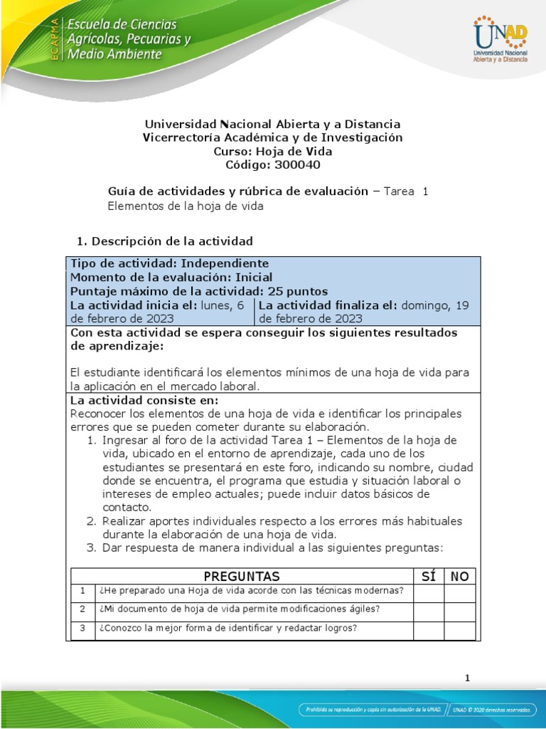 Guía de Actividades y Rúbrica de Evaluación - Tarea 1 - Elementos de La Hoja de Vida | Descargar ...