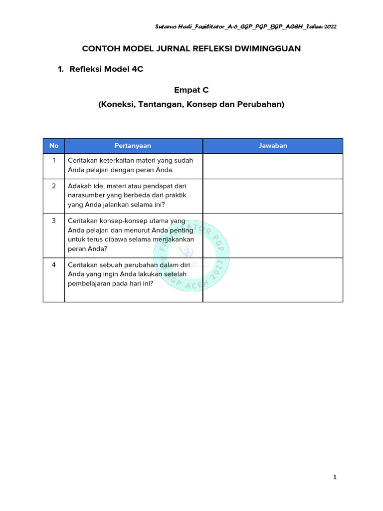 Contoh Model Jurnal Refleksi SutarnoHadi Fasil A6 BGP ACEH | PDF ...