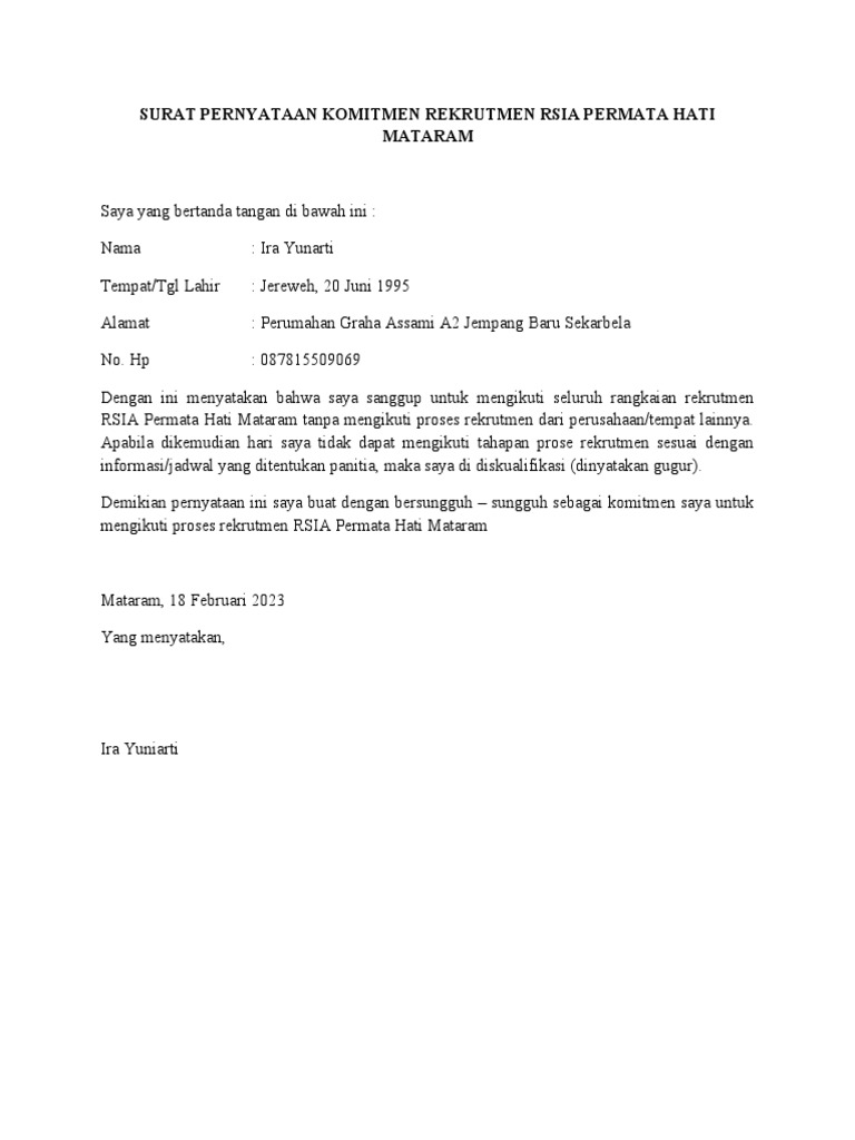 Surat Pernyataan Komitmen Rekrutmen Rsia Permata Hati Mataram | PDF