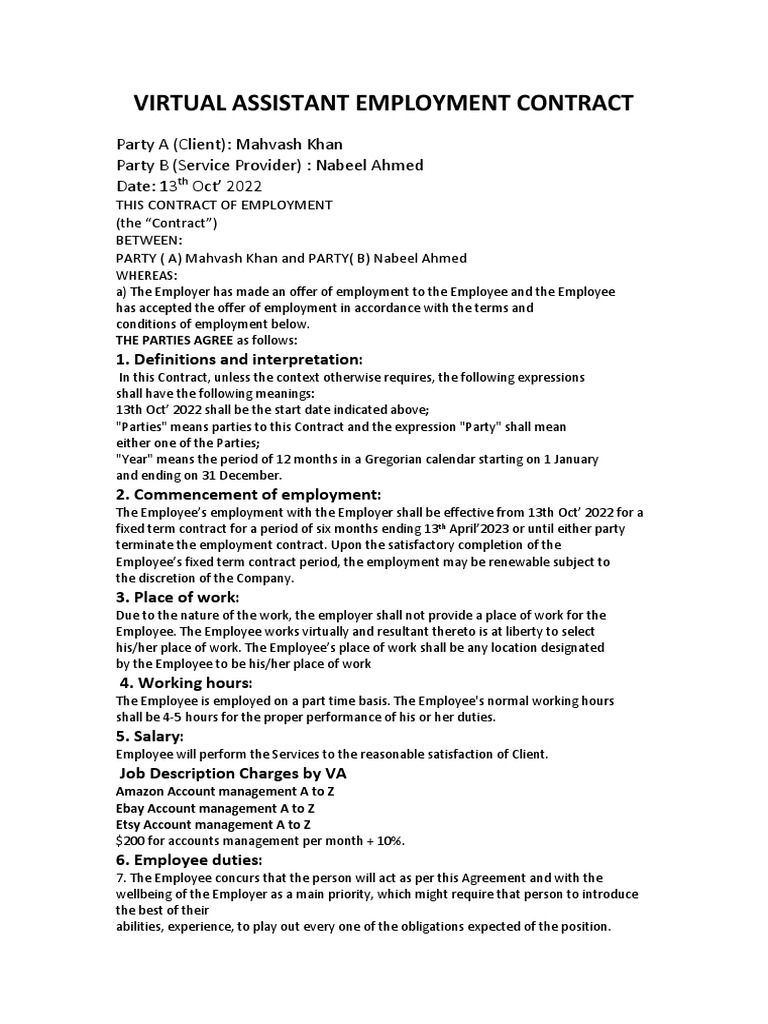 Virtual Assistant Employment Contract-Uk-Client (Mahvash Khan) | PDF ...