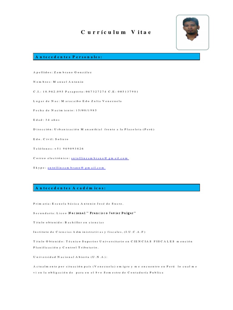 Currículum Vitae Manuel Zambrano | PDF | Ciencias sociales | Relaciones ...