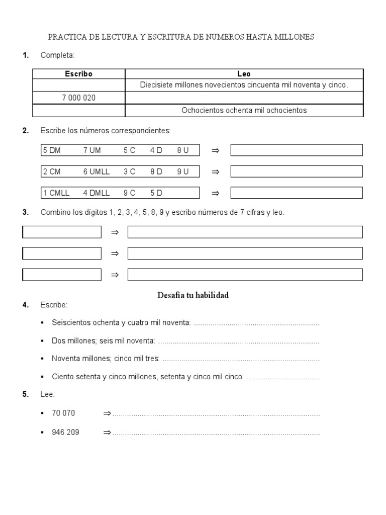 Lectura y Escritura de Numeros Hasta Millones | PDF