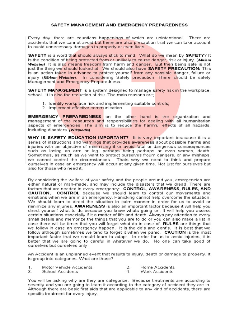 SAFETY MANAGEMENT AND EMERGENCY PREPAREDNESS Bped 315 | PDF | Emergency ...