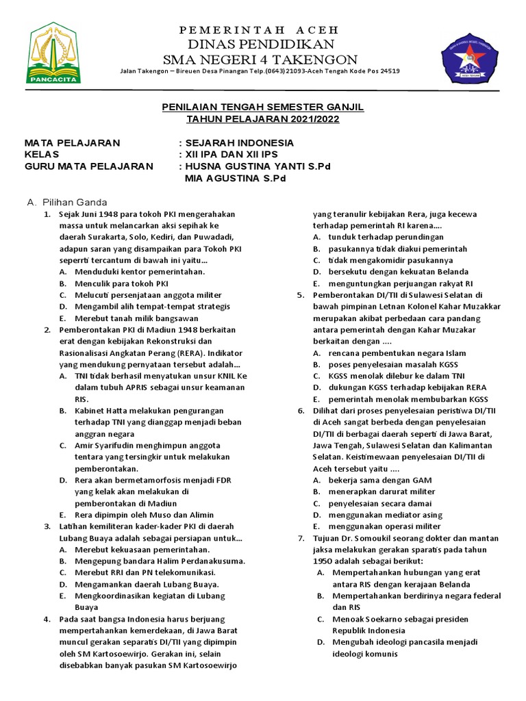 Format Soal PTS Ganjil 2021-2022 - Sejarah Indonesia Xii | PDF