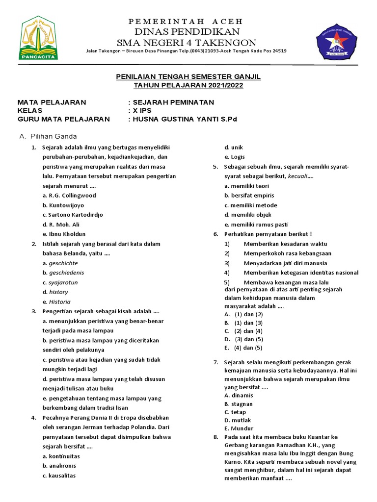 Format Soal Pts Ganjil 2021-2022 - Sejarah Peminatan x | PDF