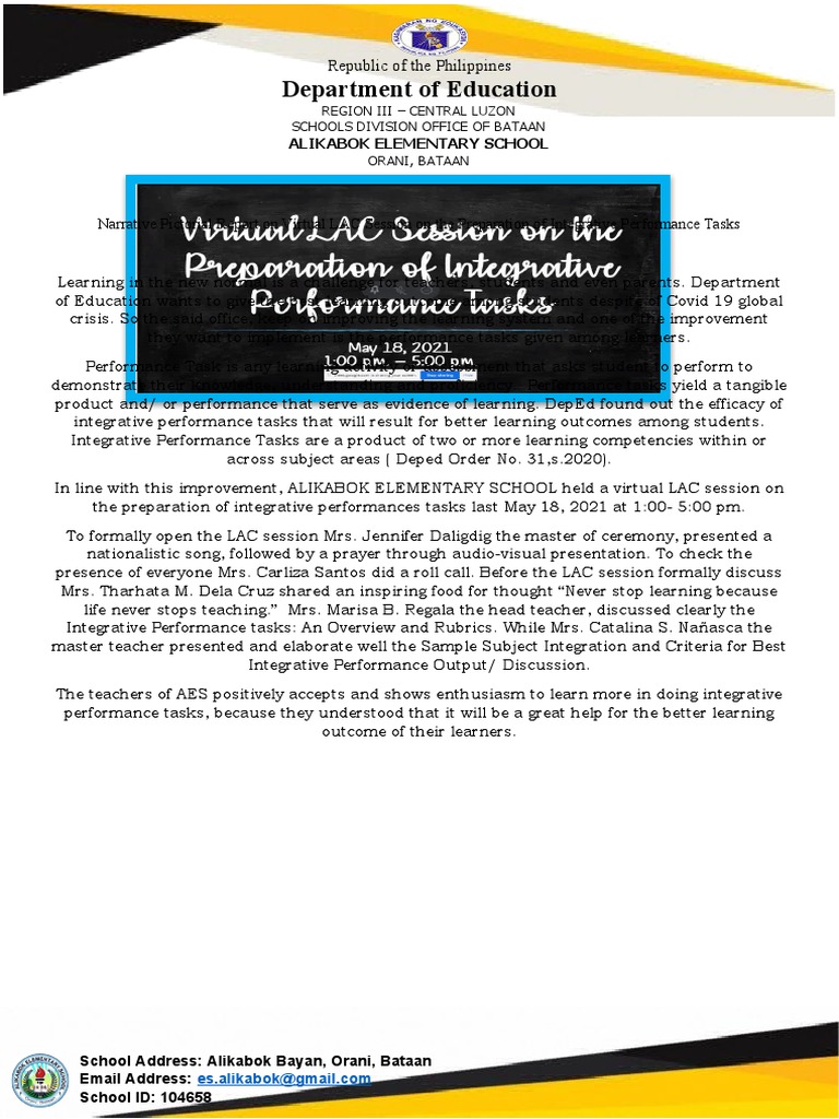 Narrative On Preparation of Integrative Performance Tasks | PDF ...