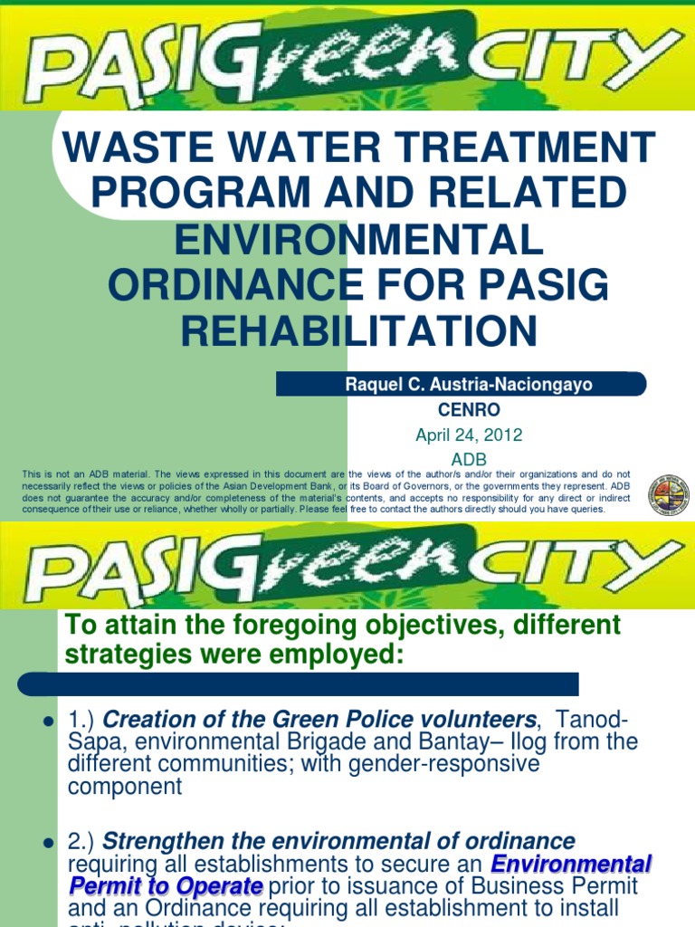 Wastewater Treatment Program and Related Environmental Ordinances Pasig River Rehabilitation ...