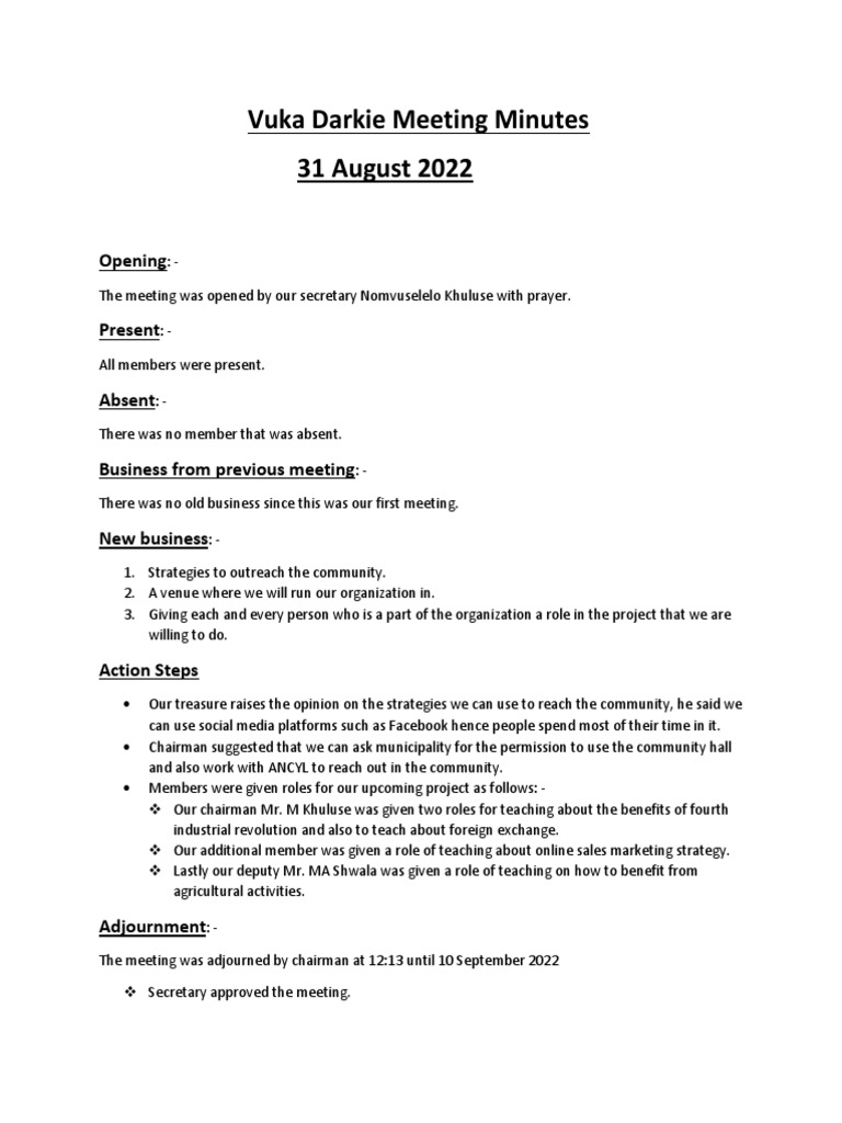 Vuka Darkie Meeting Minutes Strategies Outreach Venue Roles | PDF