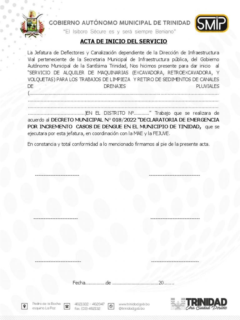 Acta de Inicio Del Servicio de Alquiler Maquinaria Drenajes | PDF