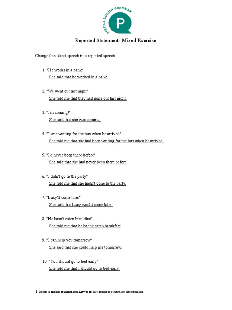 Reported Statements - Worksheet 1 | PDF