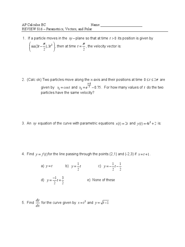 REVIEW Parametrics, Vectors, Polar S16 | PDF | Physics | Geometry
