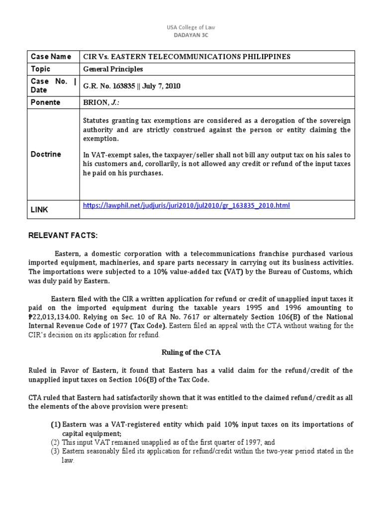 CIR vs. Eastern Telecommunications Philippines | PDF | Value Added Tax | Taxes