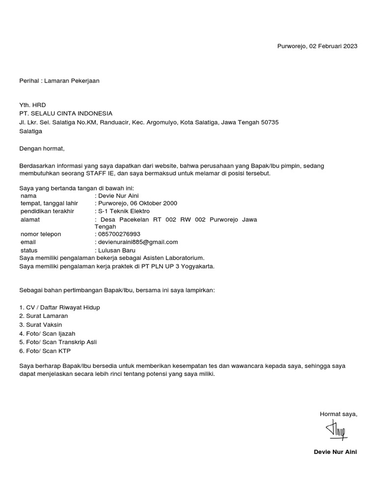 Surat Lamaran PT SCI | PDF