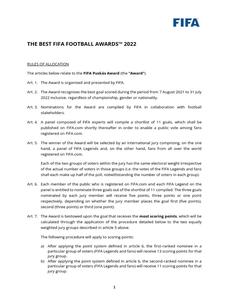 FIFA Awards 2022 - FIFA Puskas Award - Rules of Allocation - EN | PDF ...