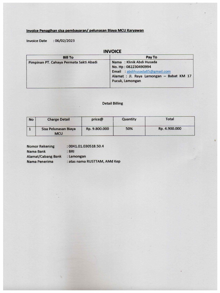 Invoice Pelunasan MCU | PDF