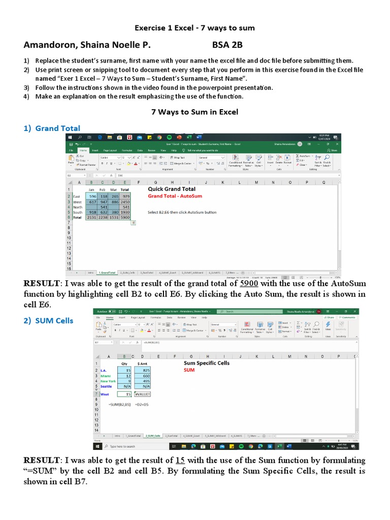 Exer 1 Excel - 7 Ways To Sum | PDF | Microsoft Excel | Chess