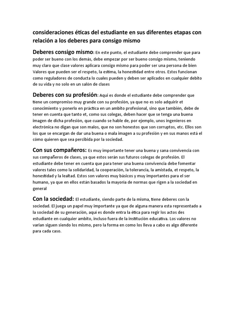 Consideraciones Éticas Del Estudiante en Sus Diferentes Etapas Con ...