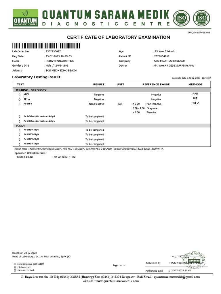 VDRL and TPHA Test Results Report | PDF | Blood | Medical Tests