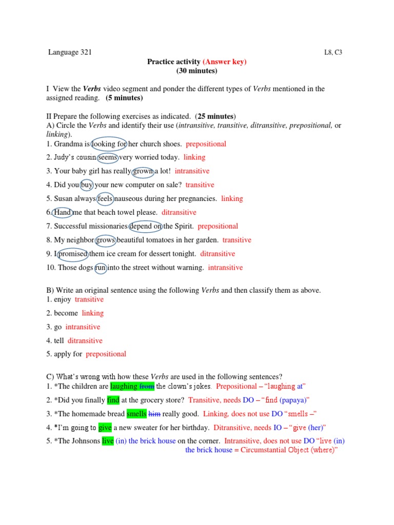 Practice l8 c3 Verbs Key | PDF | Language Arts & Discipline