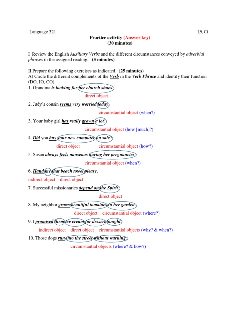 Practice l9 c1 Verb Phrase Key | PDF | Verb | Grammatical Tense