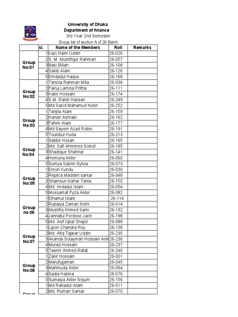 Group List of Section A of 26 Batch - Department of Finance, University ...