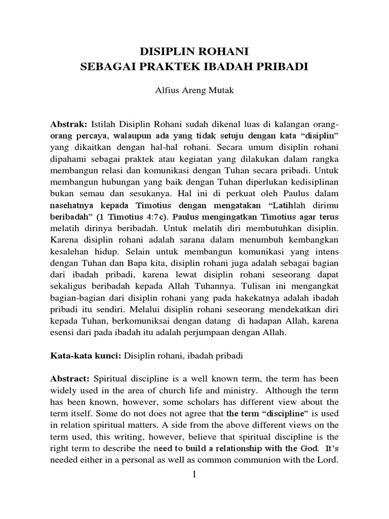 Disiplin Rohani Sebagai Praktek Ibadah Pribadi - Alfius Areng Mutak | PDF