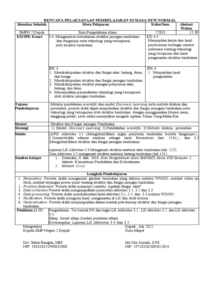 RPP Struktur Dan Jaringan Tumbuhan | PDF