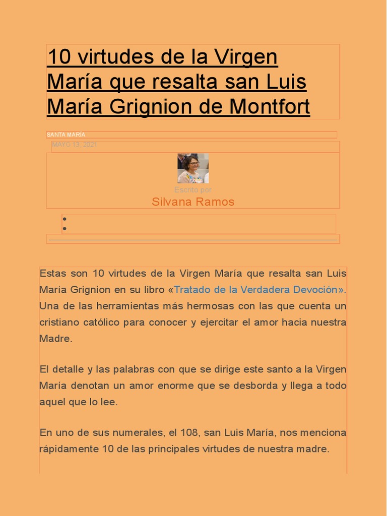 10 Virtudes de La Virgen María Que Resalta San Luis María Grignion de Montfort | PDF | María ...