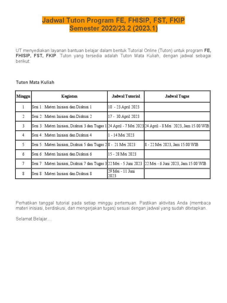 Jadwal Tuton Program FE | PDF