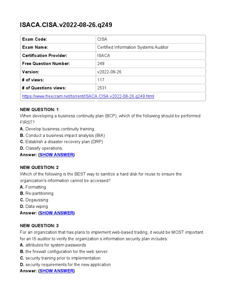 ISACA CISA v2022-08-26 q249 | PDF | Audit | Information Security
