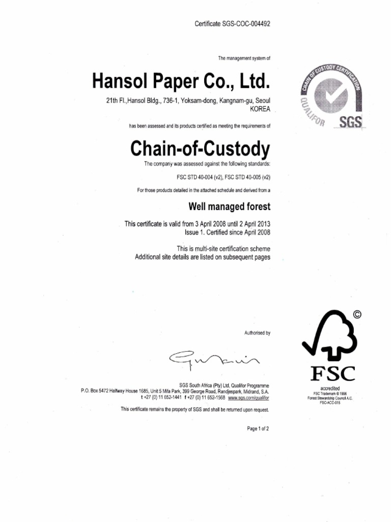 FSC Certificate (SGS) - Hansol | PDF