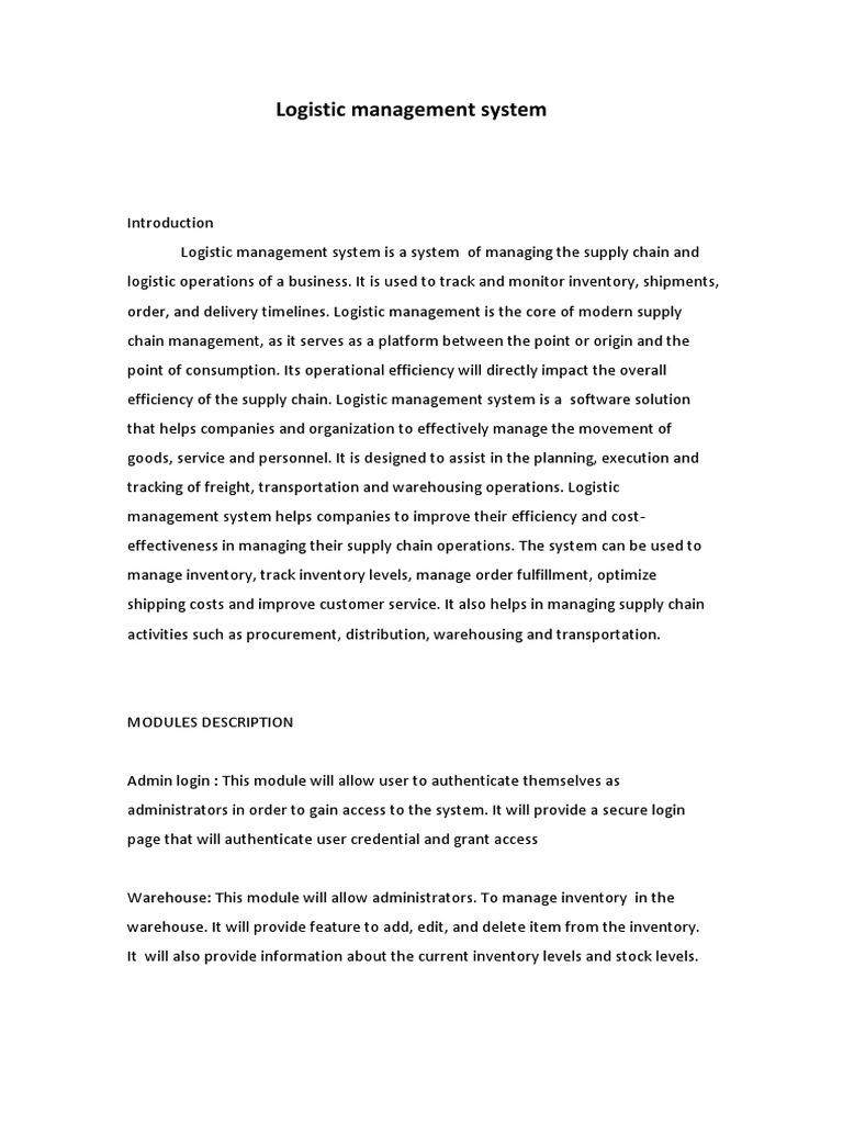 Logistic Management System | PDF | Logistics | Warehouse