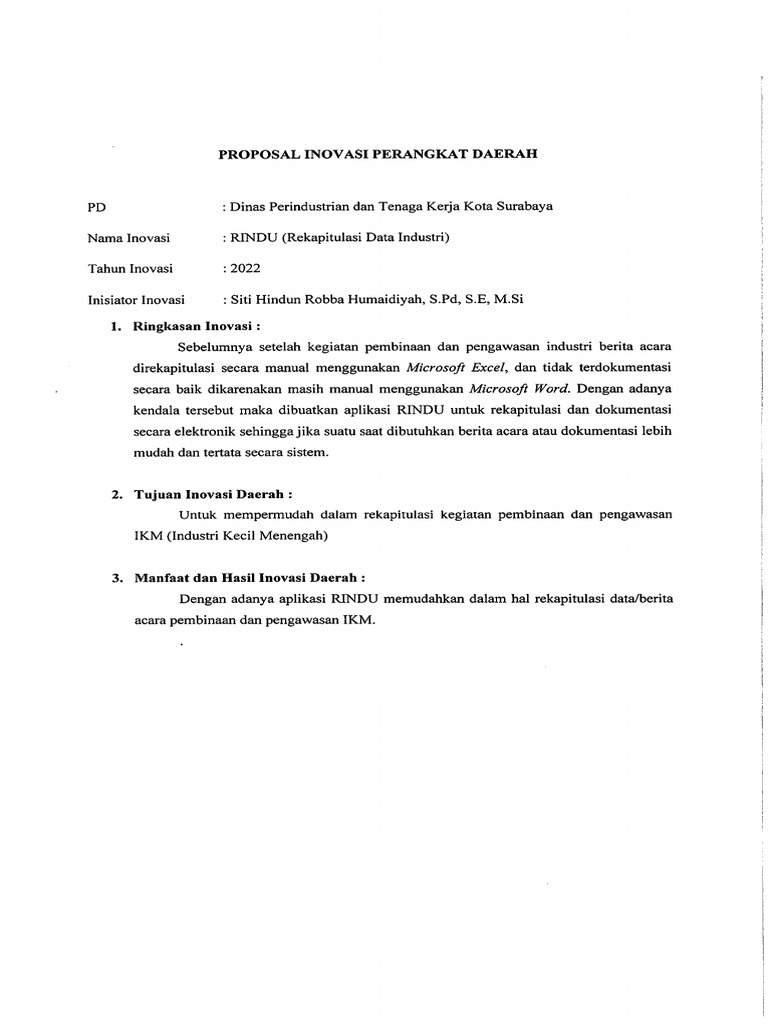 Proposal Singkat RINDU | PDF