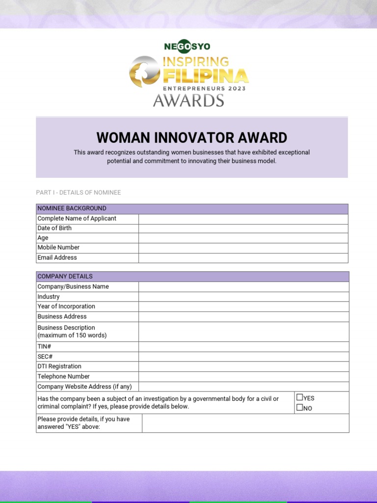 Woman Innovator Award Application Guide | PDF | Entrepreneurship | Business