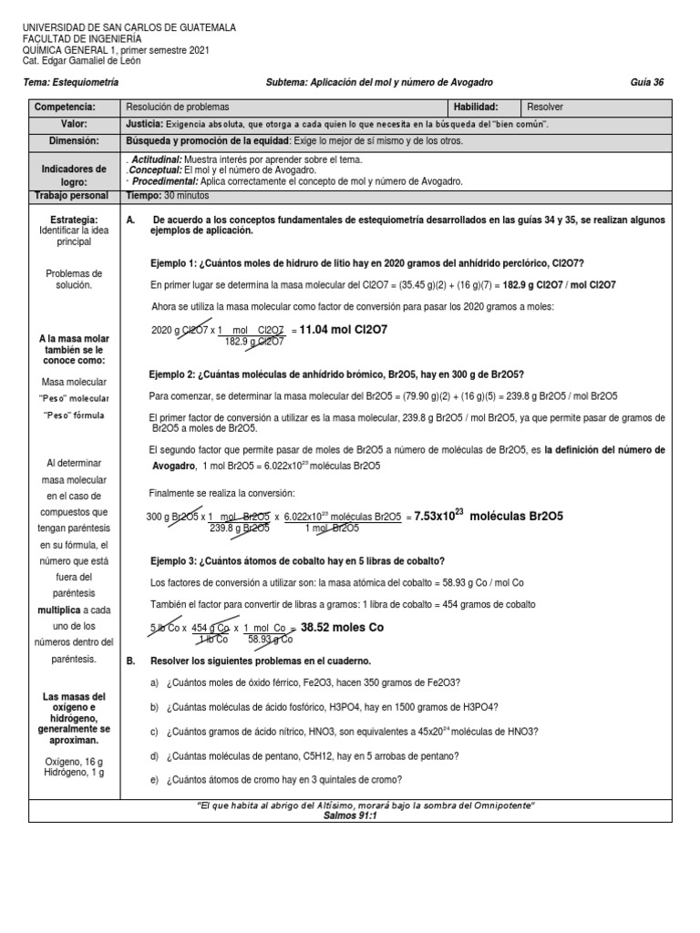 Guía # 36, Aplicaciones Del Mol y El Número de Avogadro | PDF | Mole ...