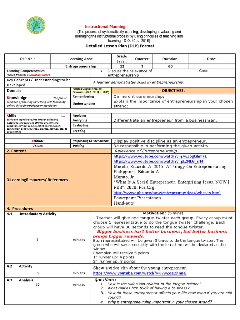 DLP Fbs Cot Entrep New | PDF | Entrepreneurship | Learning