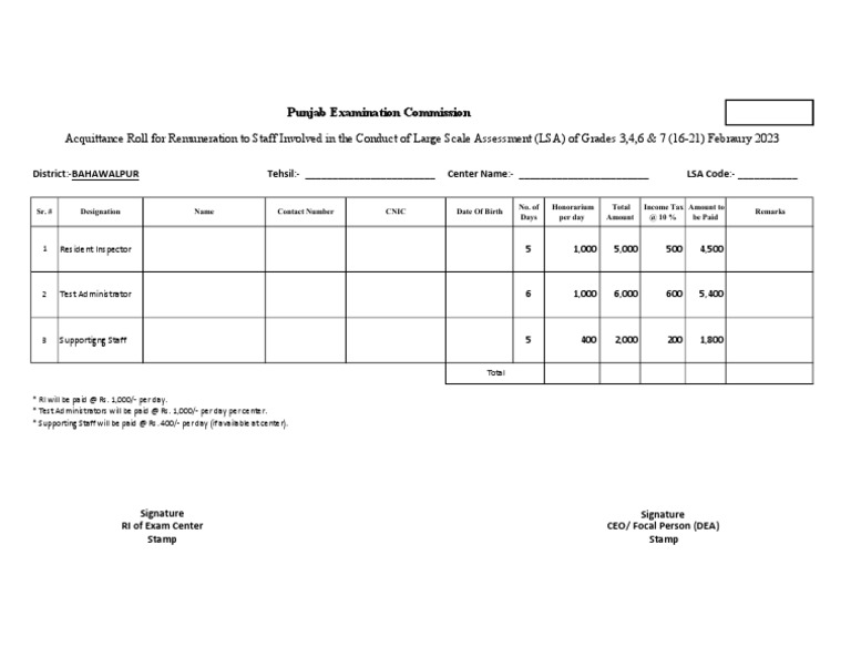 LSA 2023 Acquittance Roll Format | PDF