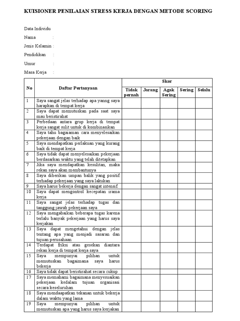 Kuisioner Penilaian Stress Kerja Dengan Metode Scoring | PDF