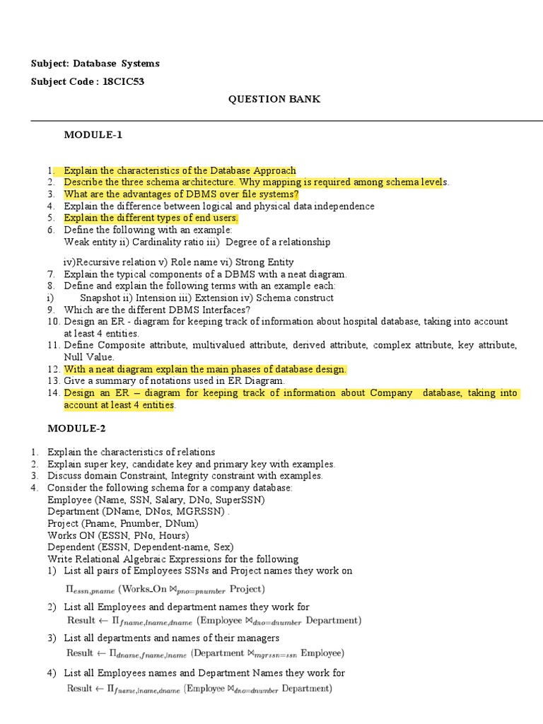 Database Systems Subject Code: 18CIC53 Question Bank | PDF | Databases | Relational Model