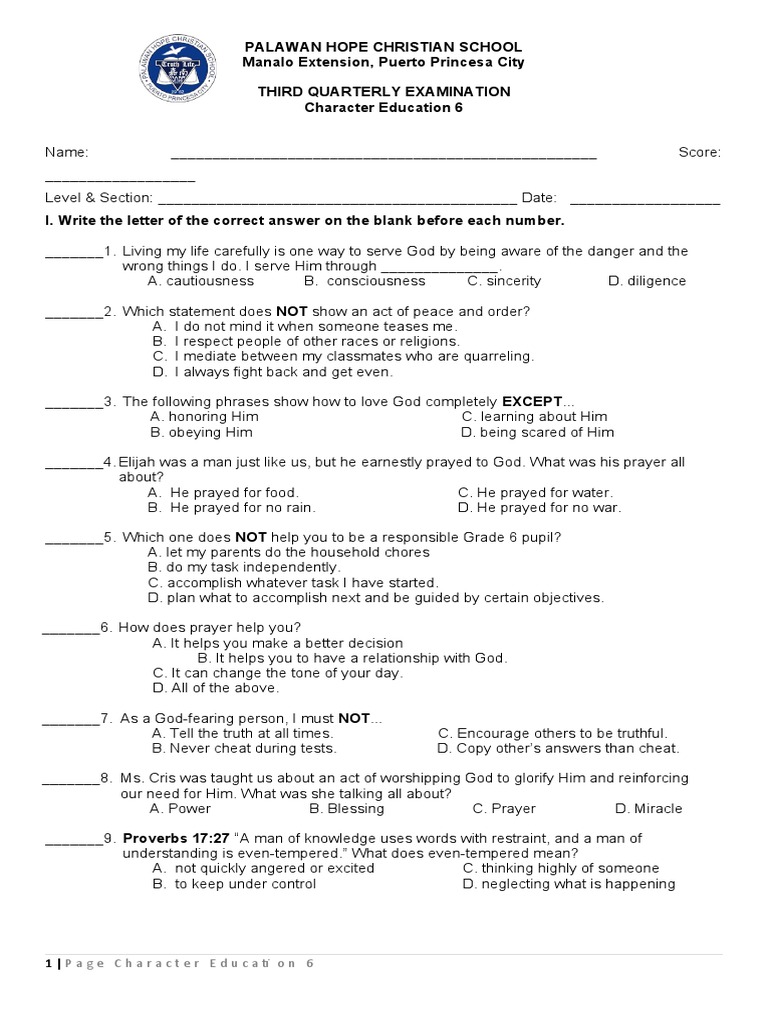 3rd Qtr Character Education 6 Final Test Paper | PDF | Prayer | God