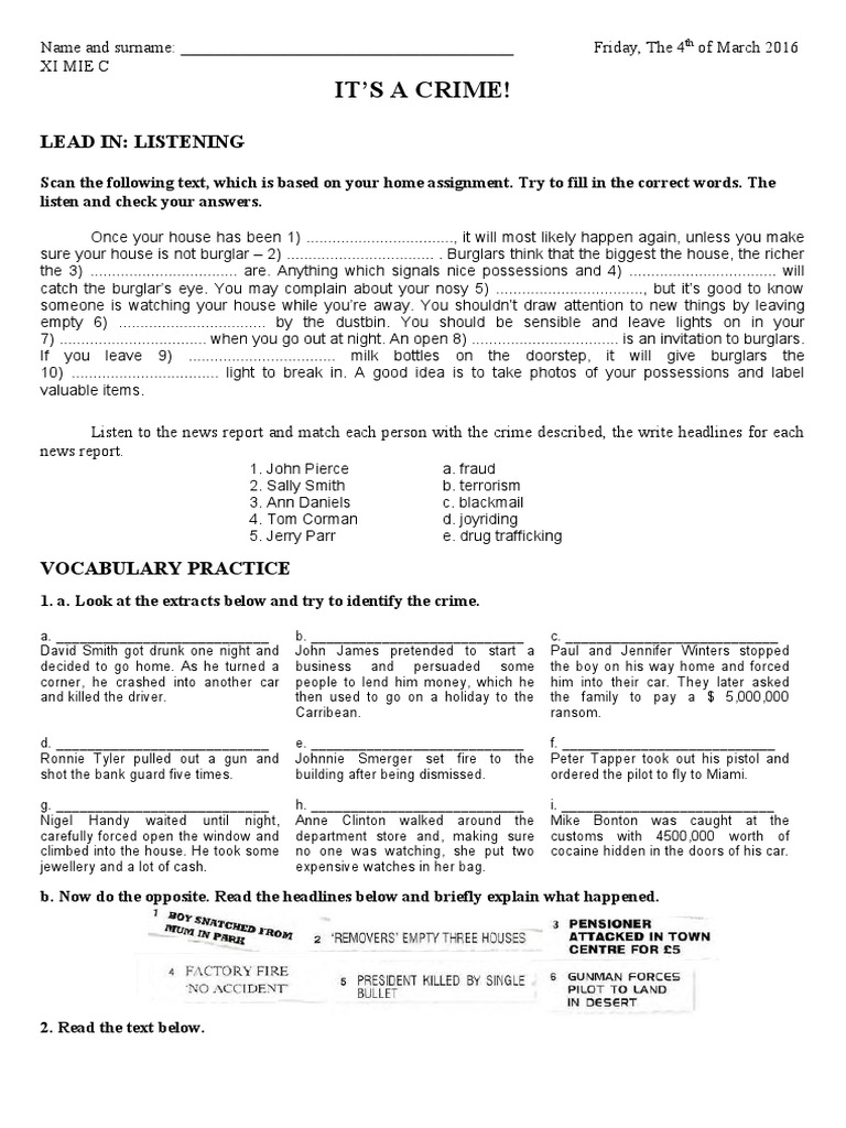 XI C Worksheet It's A Crime | PDF | Arrest | Prosecutor