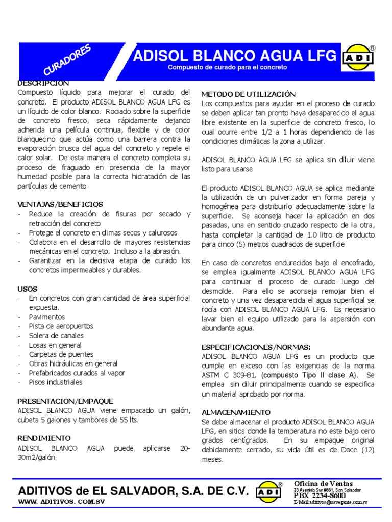 Adisol Blanco Agua LFG | PDF | Agua | Hormigón