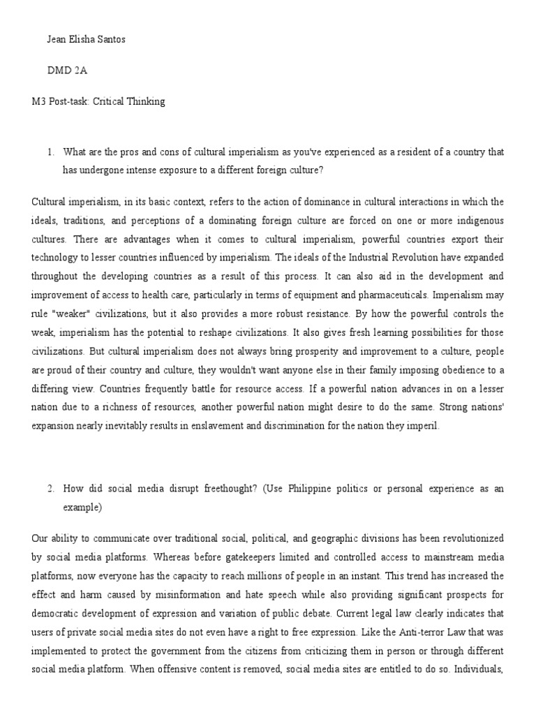 M3 Post-Task Critical Thinking | PDF | Social Media | Popular Culture ...