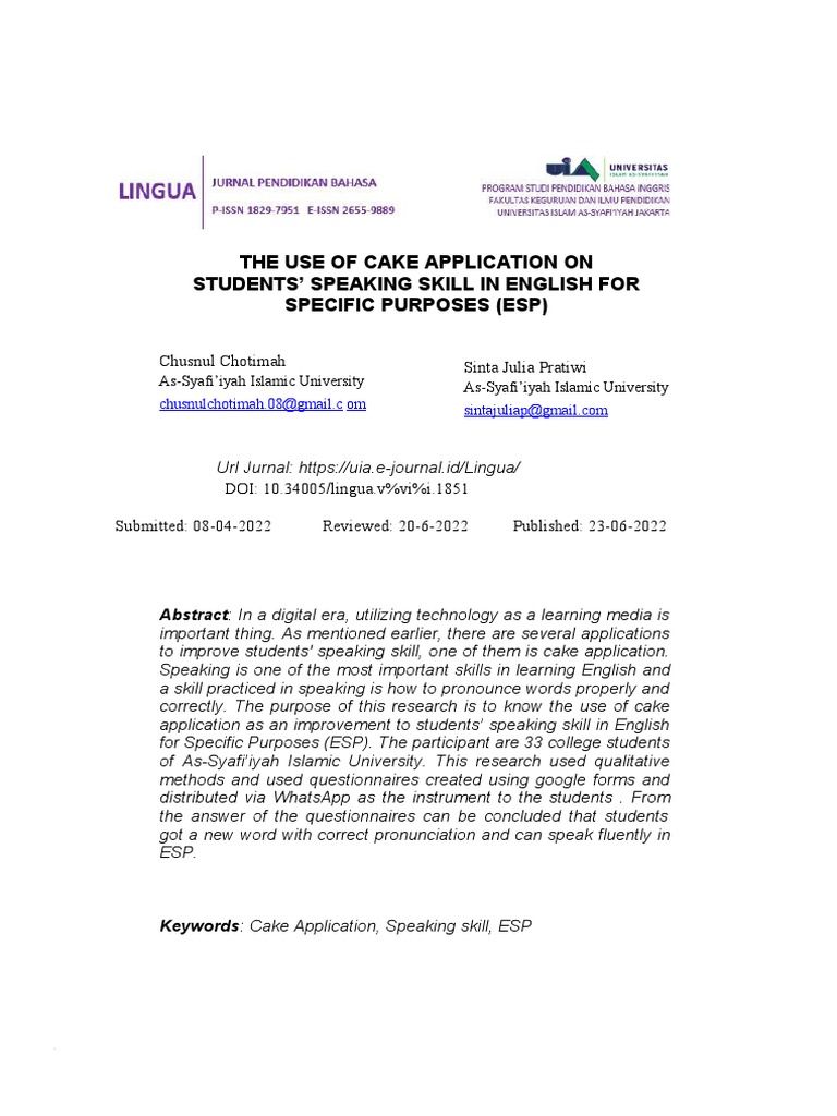 The Use of Cake Application On Students' Speaking Skill in English For ...
