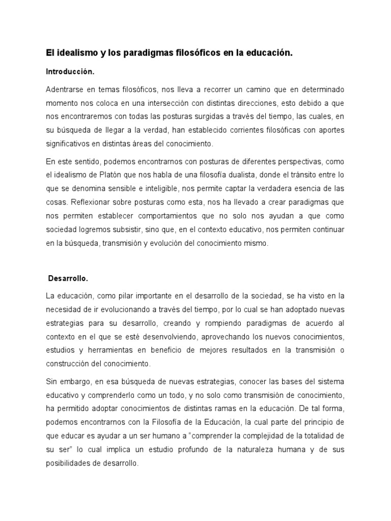 Idealismo y educación: paradigmas filosóficos | PDF | Conocimiento | Platón