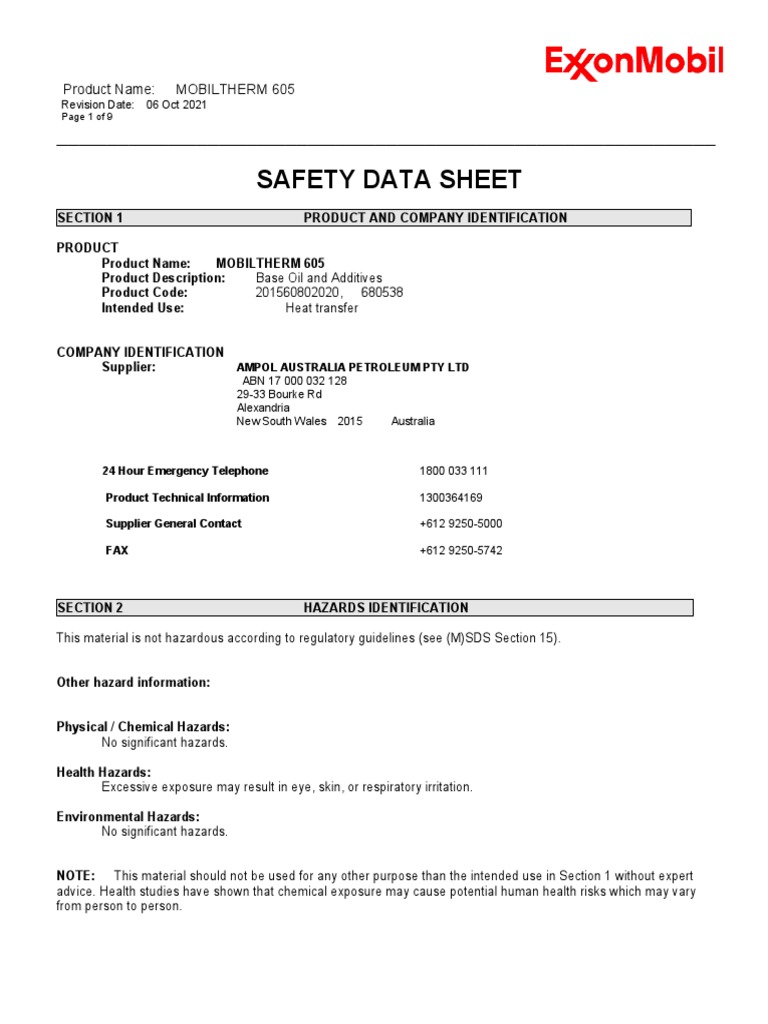 MSDS Mobiltherm 605 | PDF | Firefighting | Waste Management