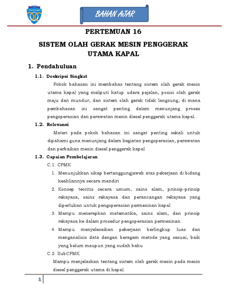 Pertemuan 16 - Sistem Olah Gerak Mesin Penggerak Utama Kapal | PDF